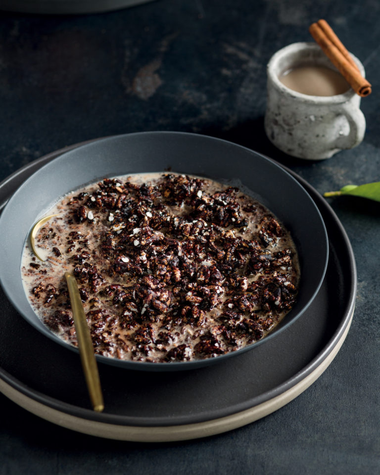 Cocoa puffed rice cereal with honey and vanilla milk