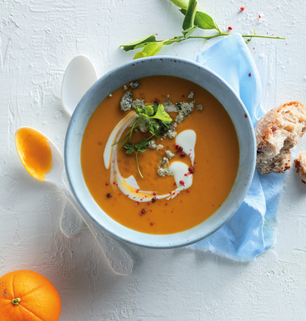 Orange and butternut soup with blue-cheese crumble