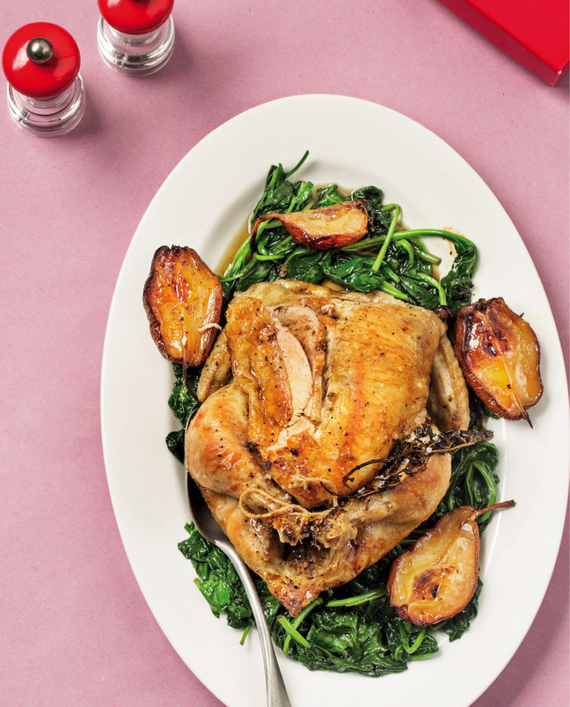 Whole roasted chicken with pears and spinach - MyKitchen