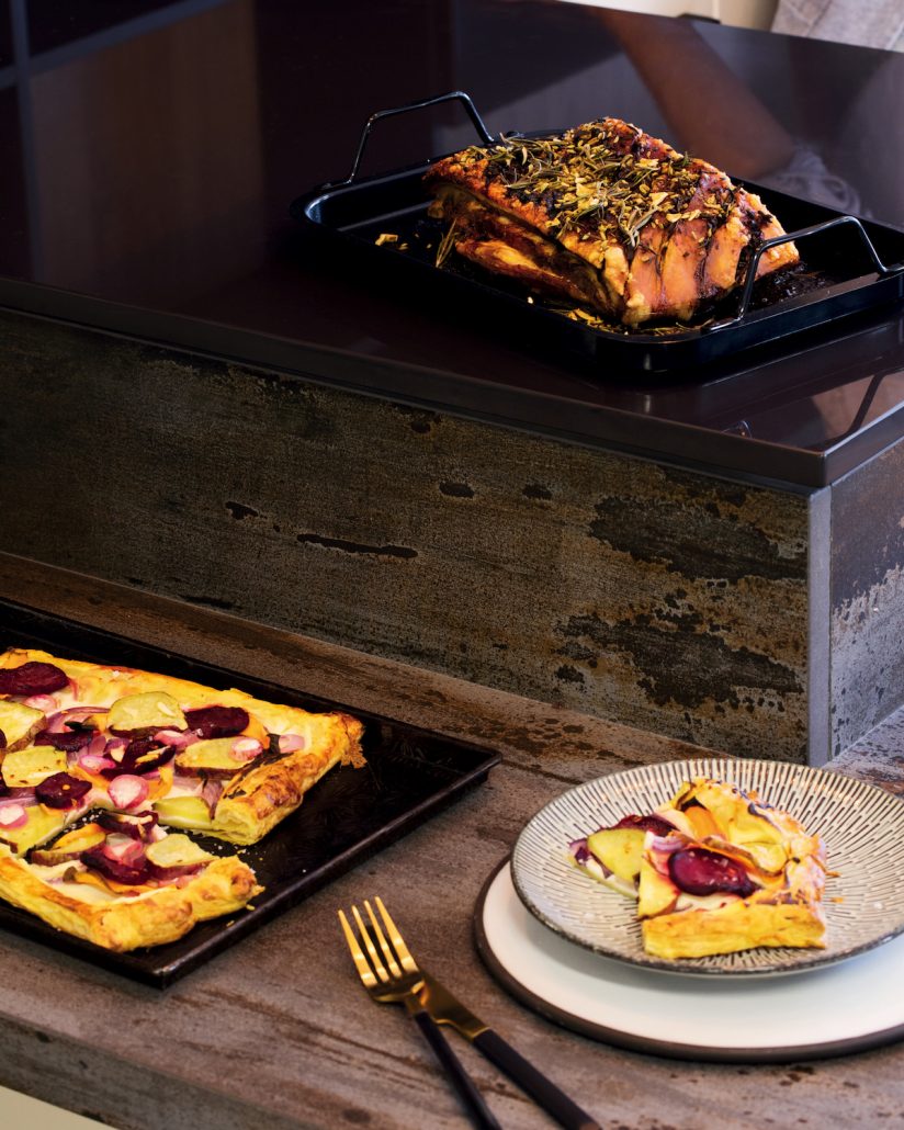 Pork belly with roasted root vegetable tart - MyKitchen