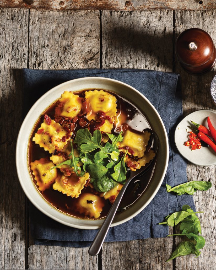 Ravioli in bone-broth sauce with bacon - MyKitchen